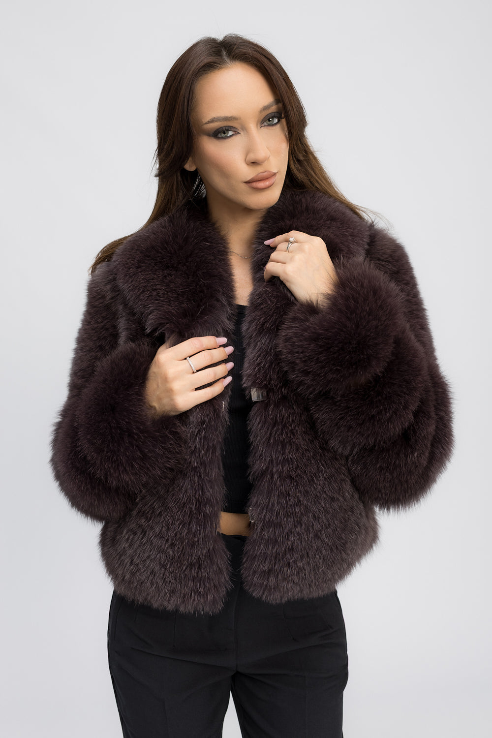 Haină din Blană Naturală de Vulpe Polară, cu Guler Rever, Femei, Cocoa