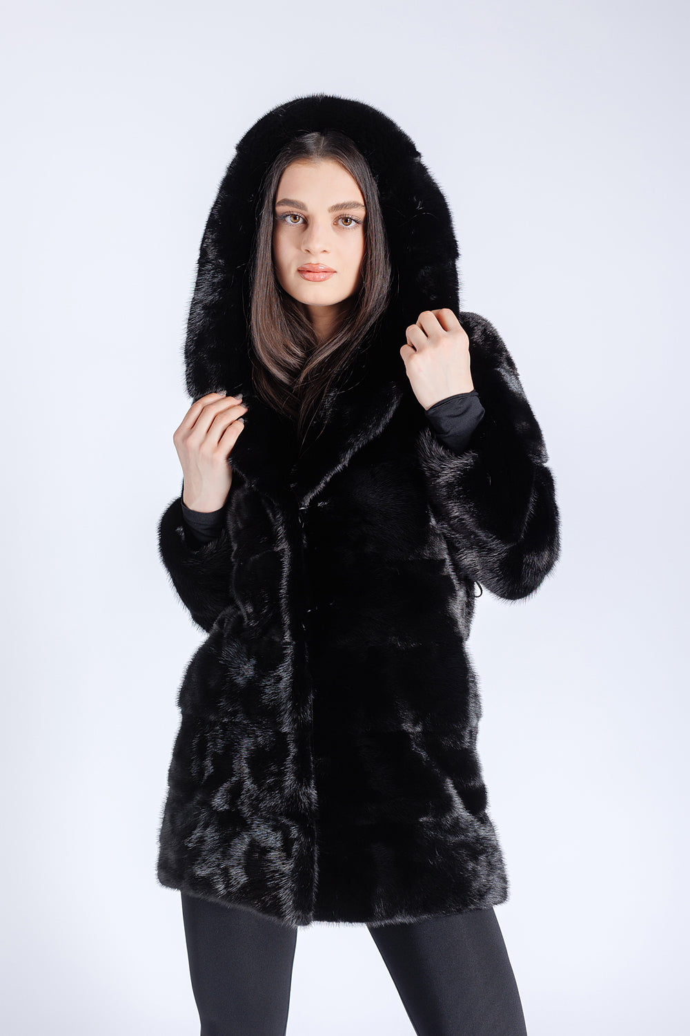Natural Mink Fur Coat With Cobra Hood And Drawstring, Women, Silver Blue | MAREUS