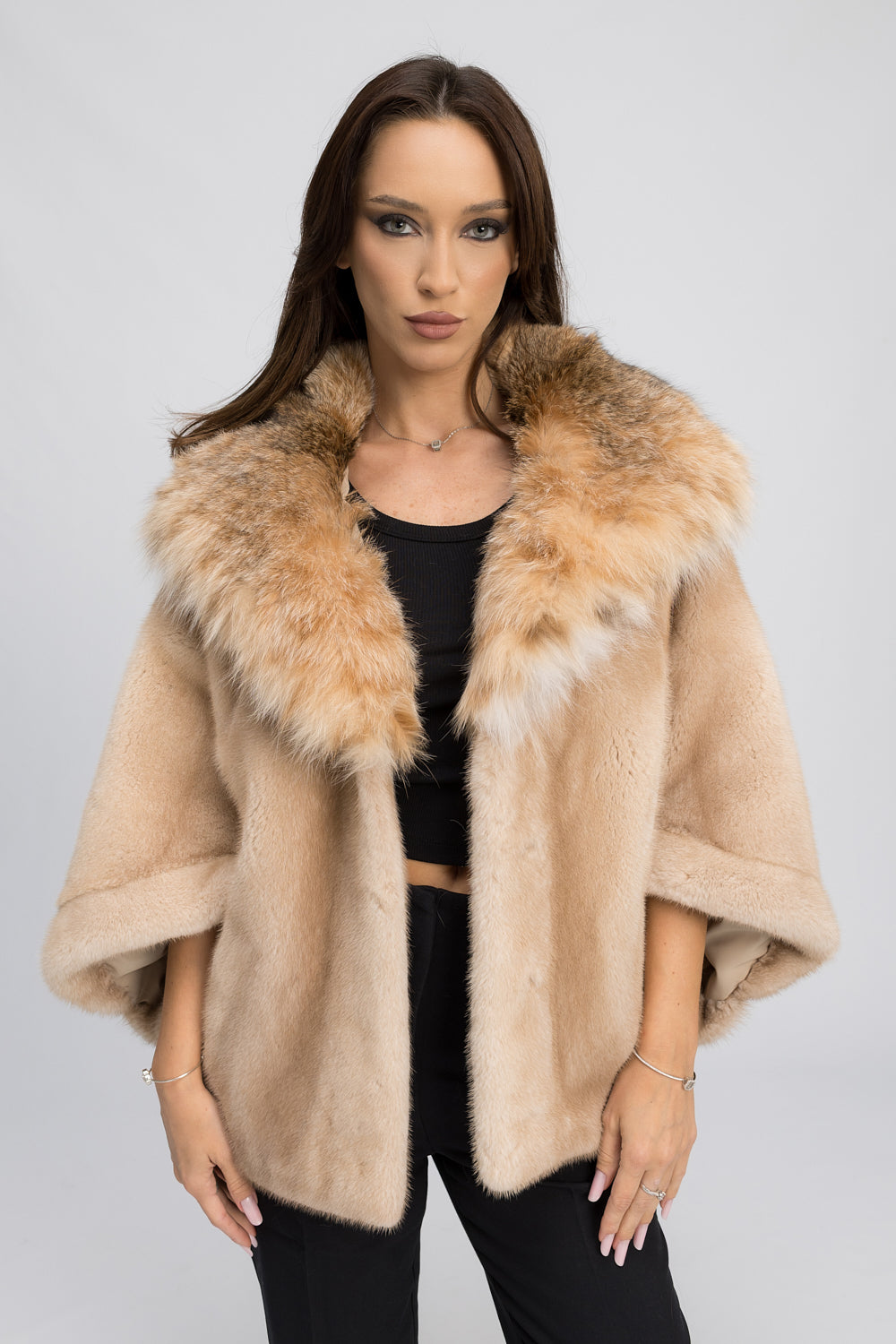 Natural Mink Fur Cape with Lynx Fur Hood, Women, Golden Lynx 474