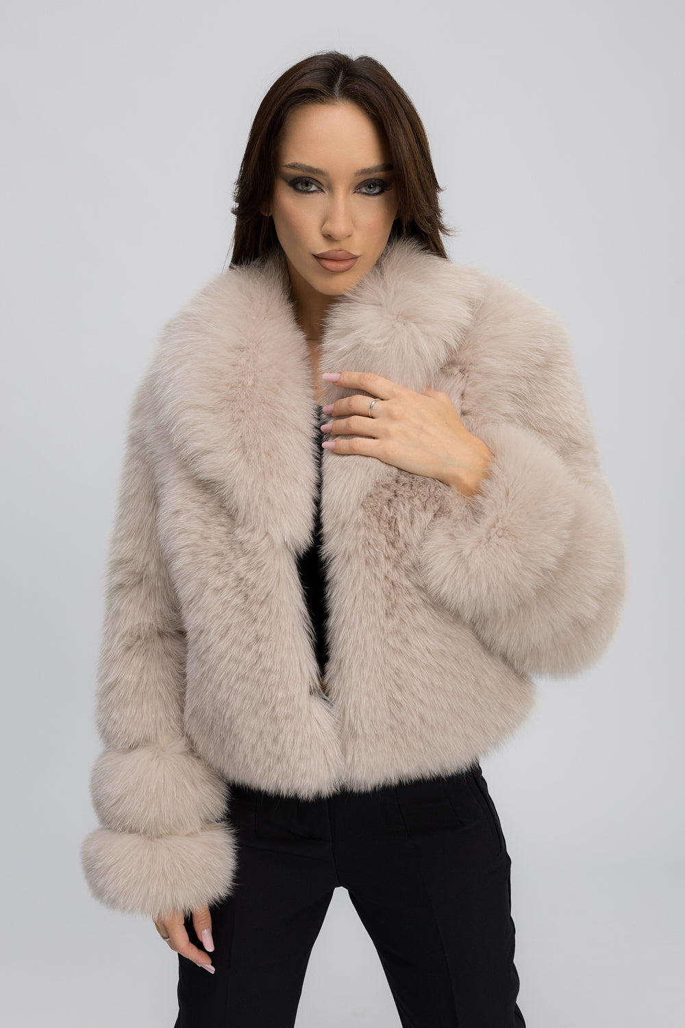 Women's Natural Polar Fox Fur Coat with Lapel Collar, Ivory Cloud 471