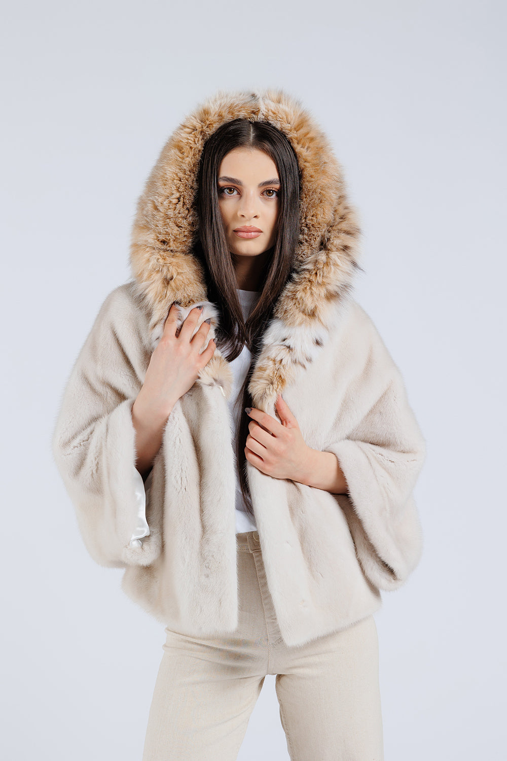 Natural Mink Fur Cape with Natural Lynx Fur Hood, Women, Pearl 55